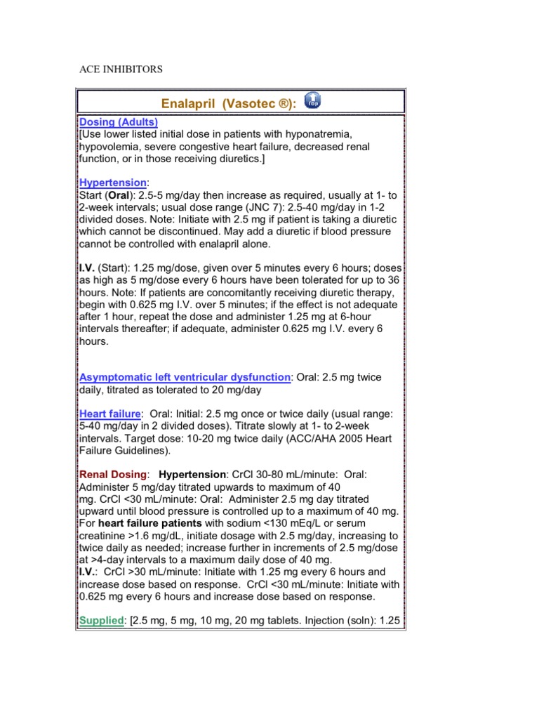 Enalapril (Vasotec ®) :: Dosing (Adults) | PDF | Diarrhea | Heart Failure