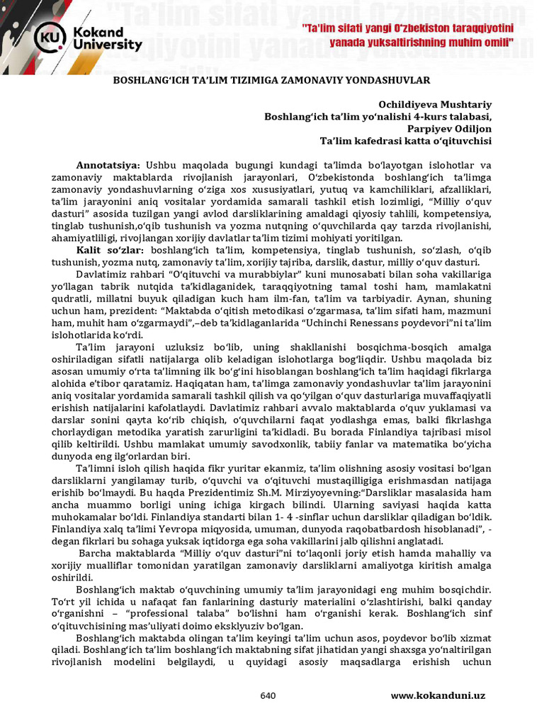 Ochildiyeva Mushtariy - Kurs Talabasi, Parpiyev Odiljon: Boshlang Ich Ta'Lim Tizimiga Zamonaviy ...