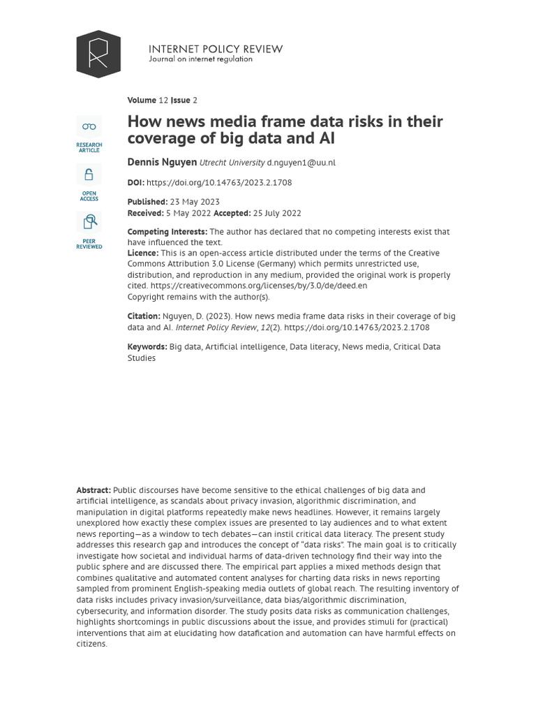 How News Media Frame Data Risks in Their Coverage of Big Data and AI ...