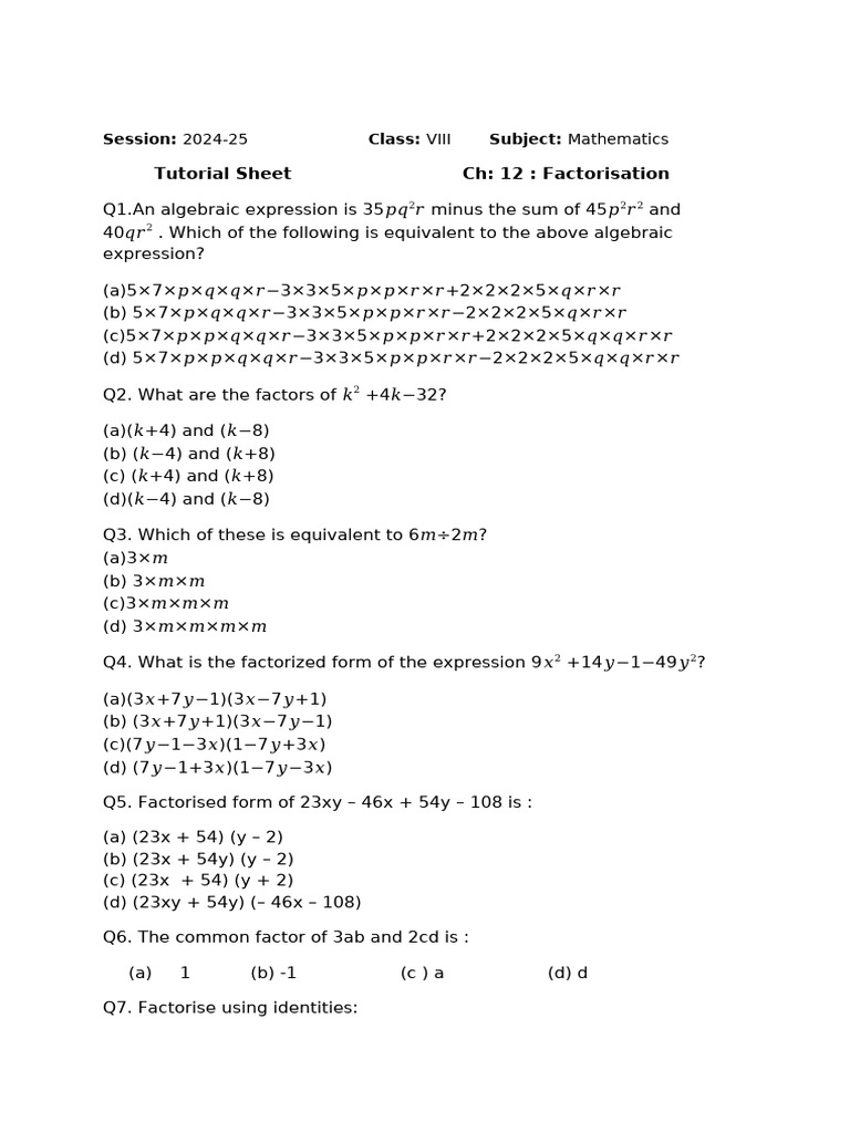 T.S - Factorisation Final - 2024-25 | PDF | Teaching Methods ...