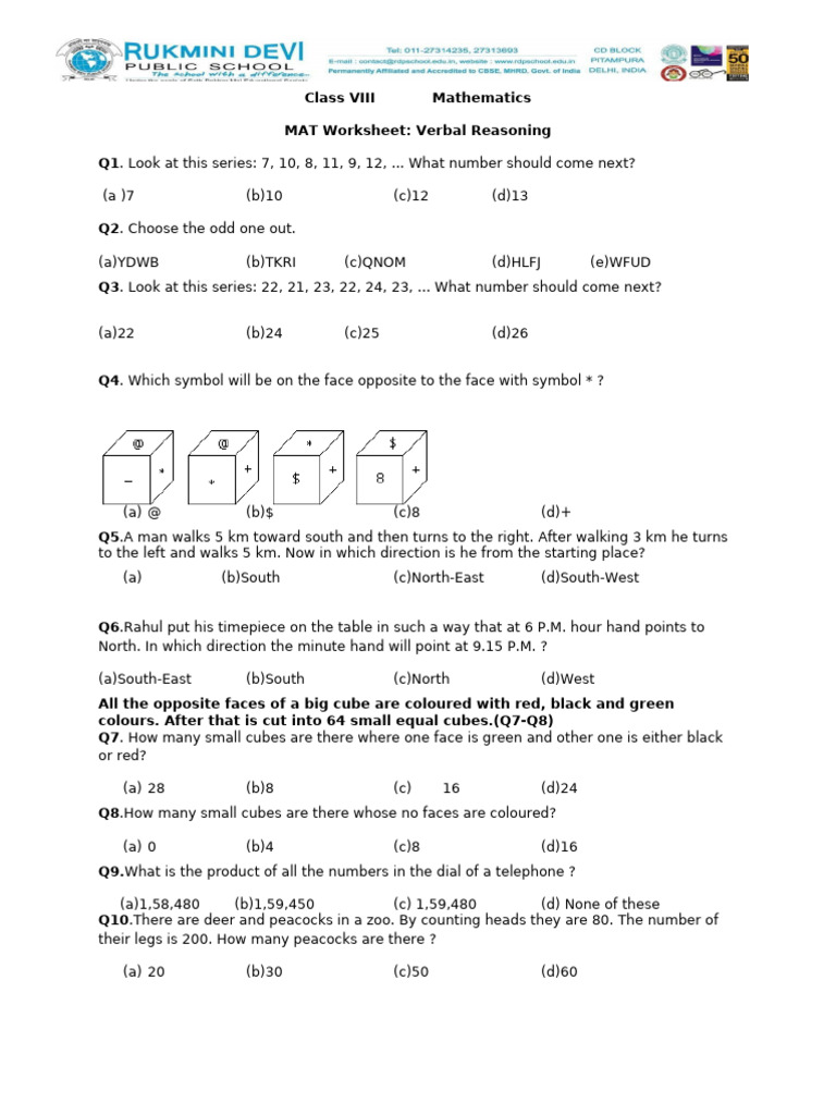 Class VIII Verbal Reasoning Worksheet | PDF | Teaching Methods & Materials