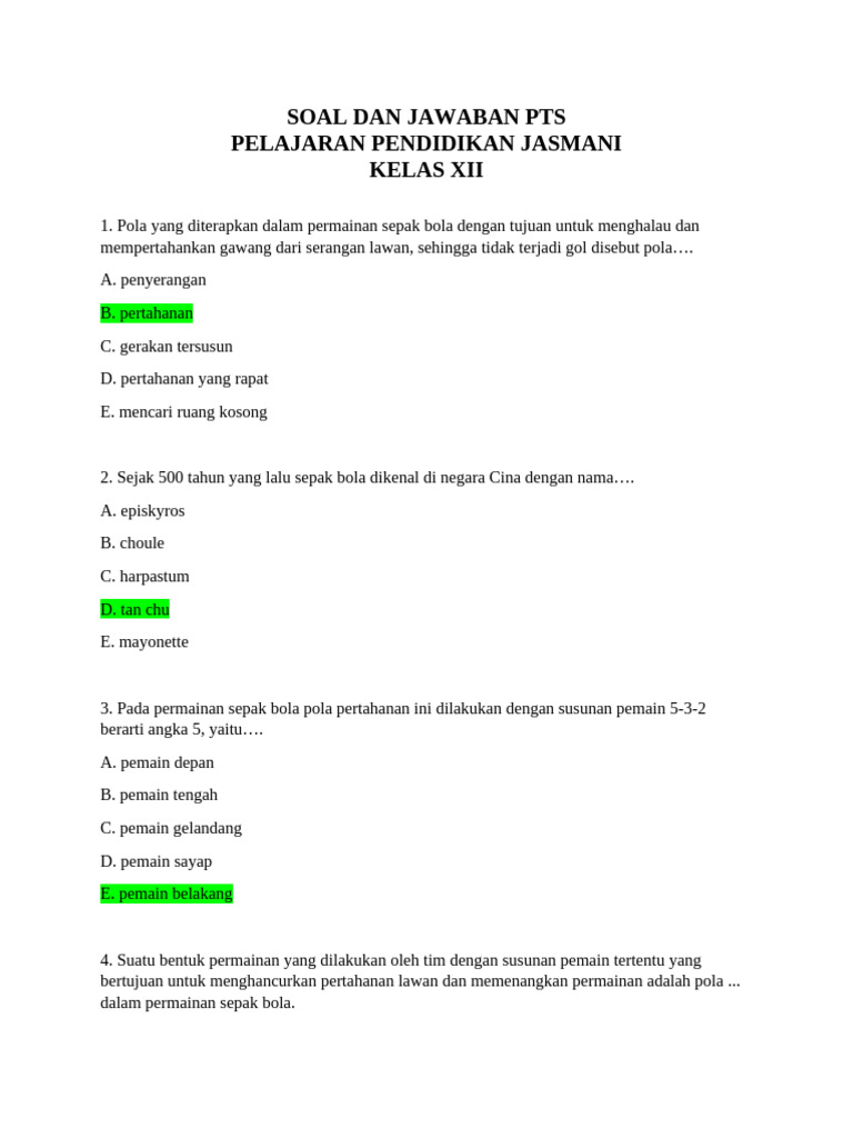 Soal Dan Jawaban PTS Pjok Kelas Xii | PDF
