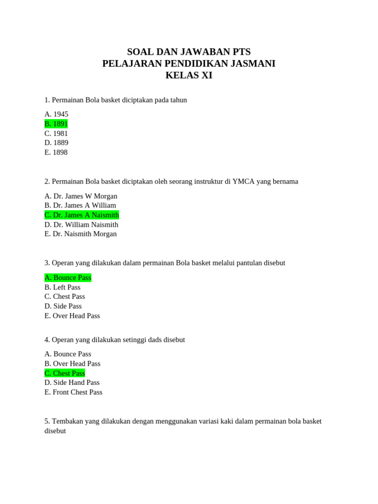 Soal Dan Jawaban PTS Pjok Kelas Xi | PDF