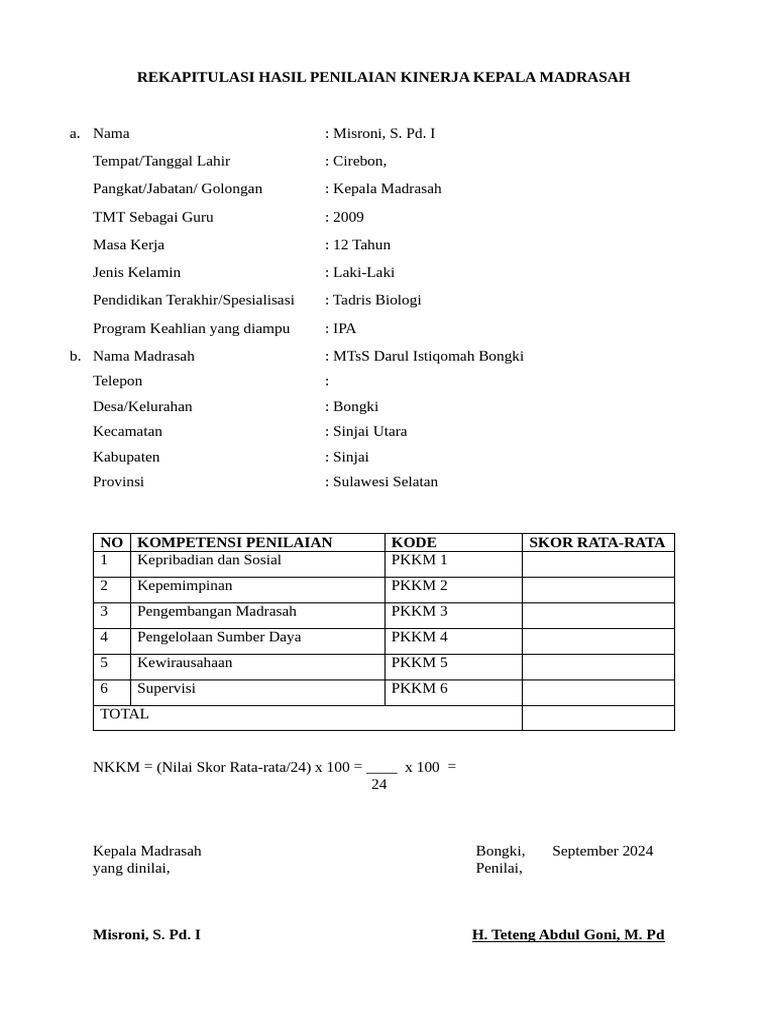 Rekapitulasi Hasil Penilaian Kinerja Kepala Madrasah | PDF