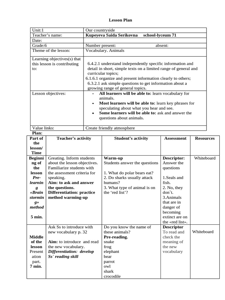 Grade 6 Vocabulary: Animals Lesson Plan | PDF | Learning | Cognition