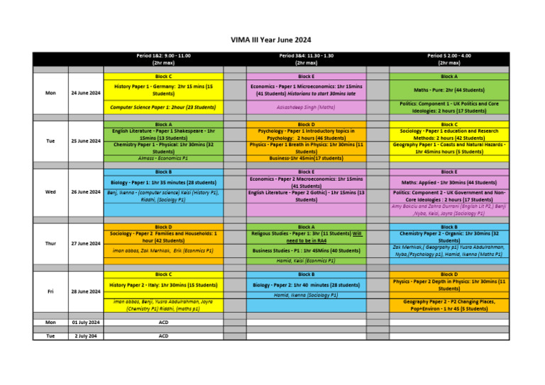 VIMA III June 2024 Timetable | PDF | Science | Liberal Arts Education