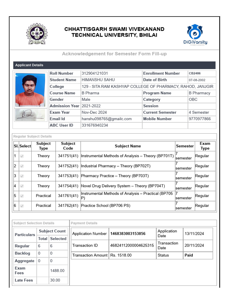 Https/csvtu - digivarsity.online/WebApp/Examination/Acknowledgement ...