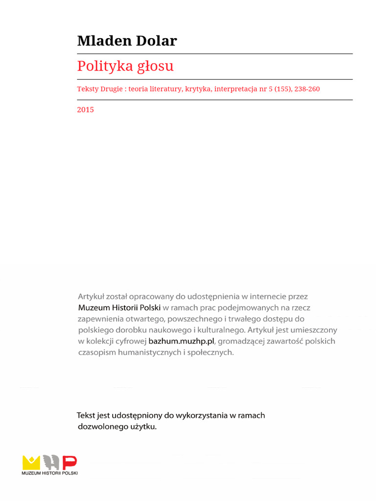 Mladen Dolar Polityka Głosu | PDF