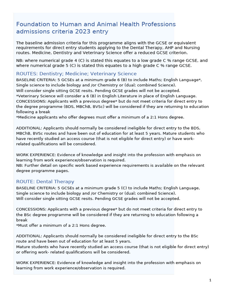 Foundation To Human Animal Health Professions Admission Criteria | PDF ...
