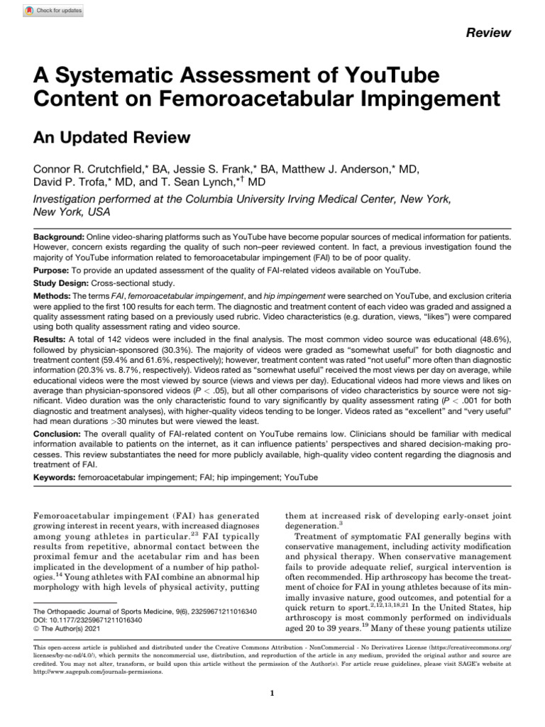 Crutchfield Et Al 2021 A Systematic Assessment of Youtube Content On Femoroacetabular ...
