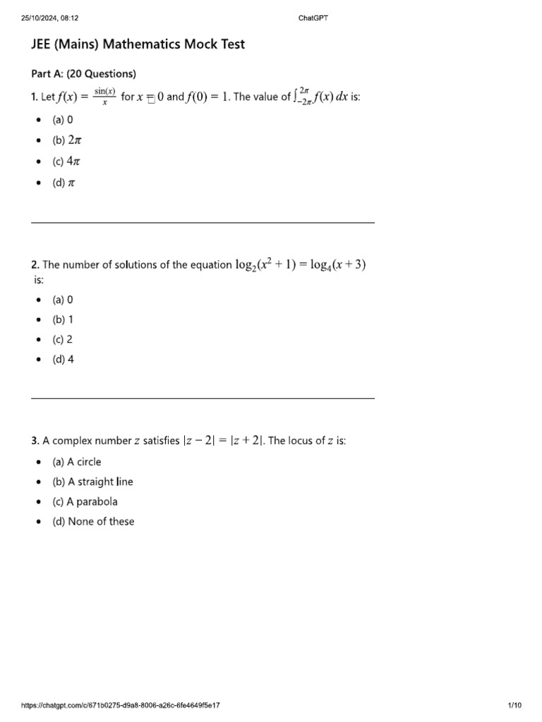 Mathematics Mock Test 1 Pdf