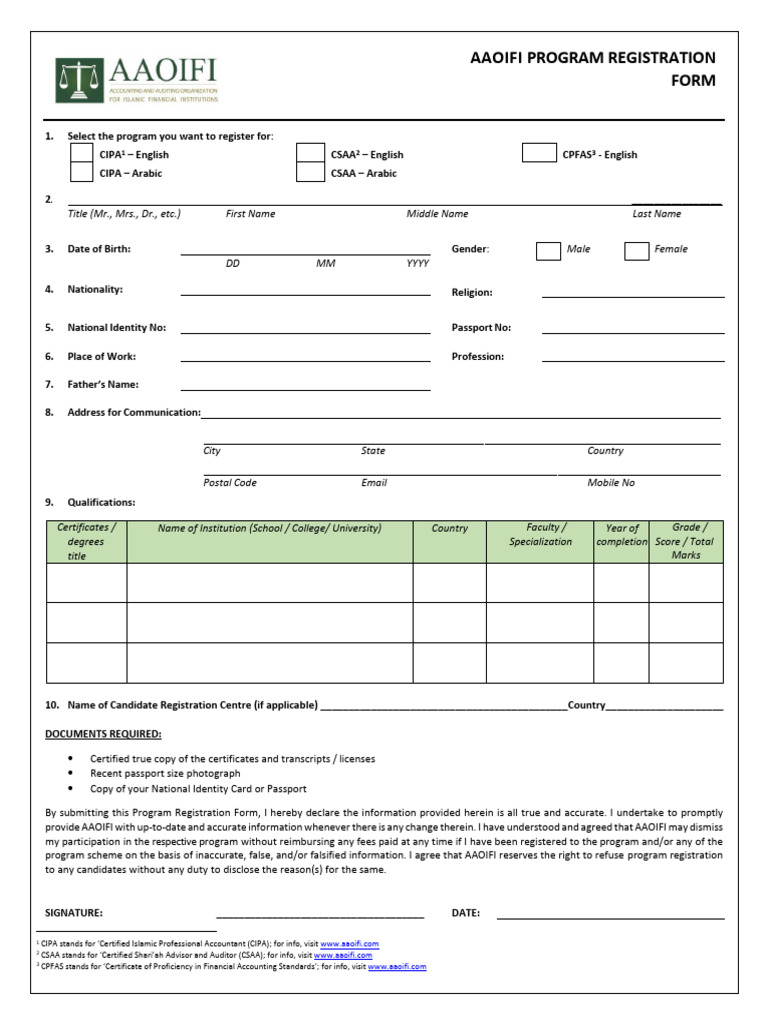 AAOIFI Program Registration Form | PDF | Government And Personhood