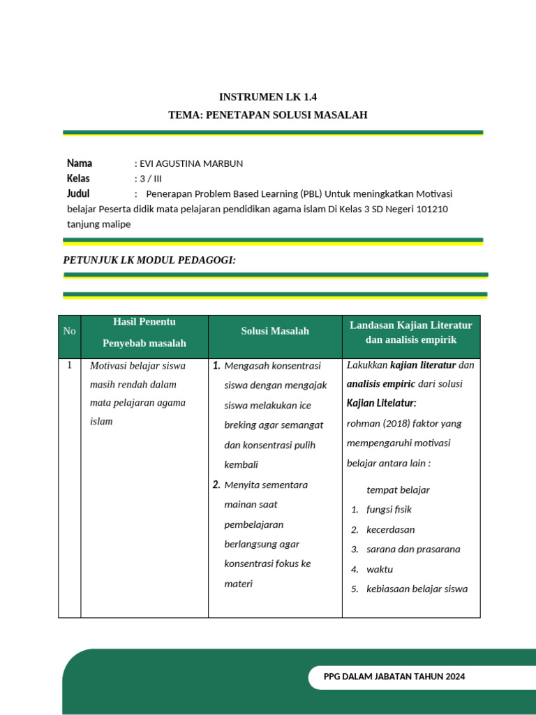 Instrumen LK 1.4 - Penetapan Solusi Masalah (MODUL PEDAGOGI - PBL) | PDF | Karier & Perkembangan