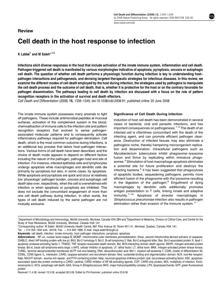 Cell Death in The Host Response To Infection | PDF | Apoptosis | Caspase