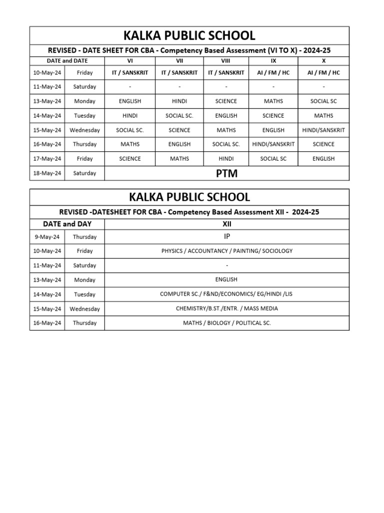 Revised Datesheet For Cba Exam - Vi To X and Xii | PDF