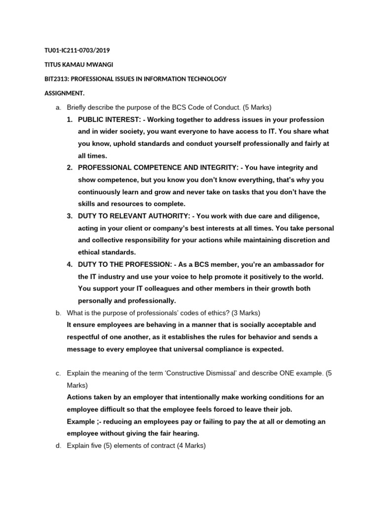 Professional Issues in IT Assignment | PDF | Consideration | Employment