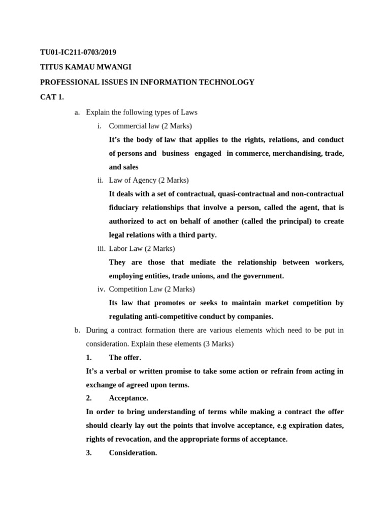 Professional Issues in IT CAT 1 | PDF | Law Of Agency | Consideration