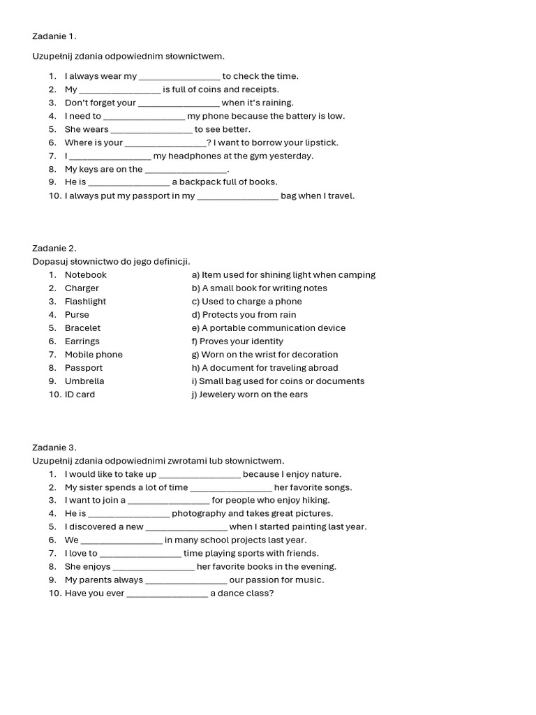 Personal Belongings, Hobbies, Skills Powtórka | PDF | Language Arts ...