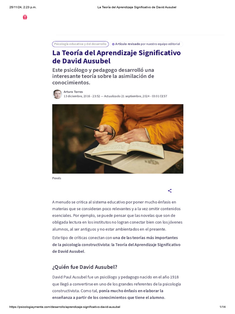 La Teoría Del Aprendizaje Significativo de David Ausubel | PDF | Aprendizaje | Conocimiento
