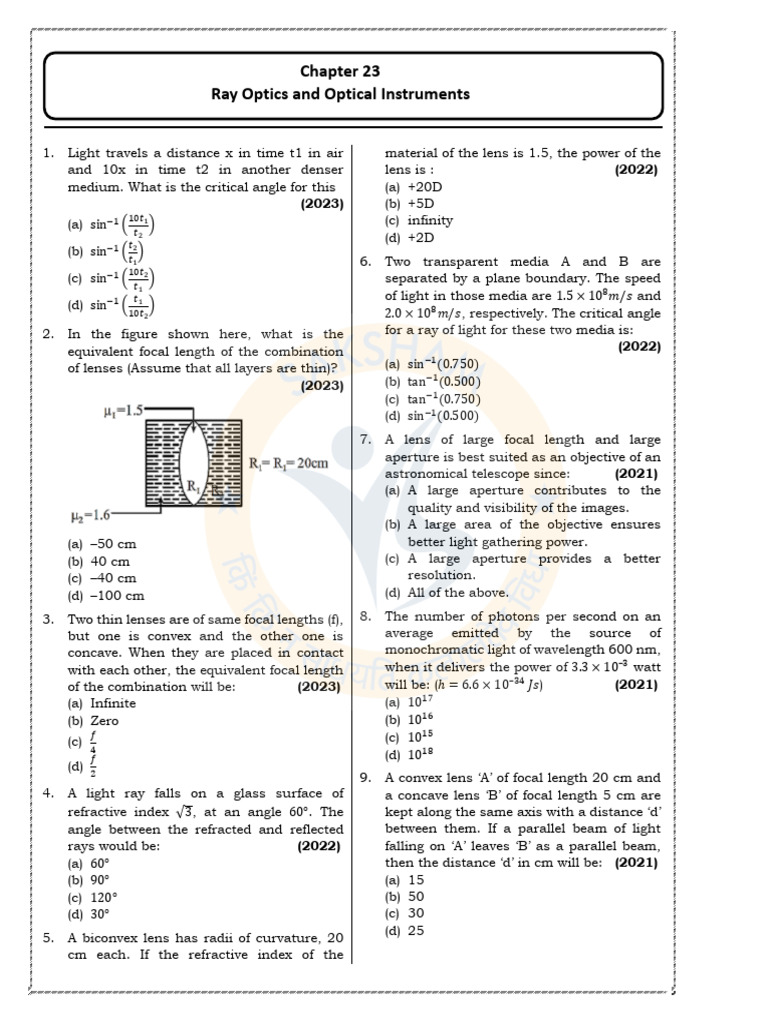 PYQ 5 years Ray optics | PDF | Optics | Radiation PYQ 5 years Ray optics | PDF | Optics | Radiation