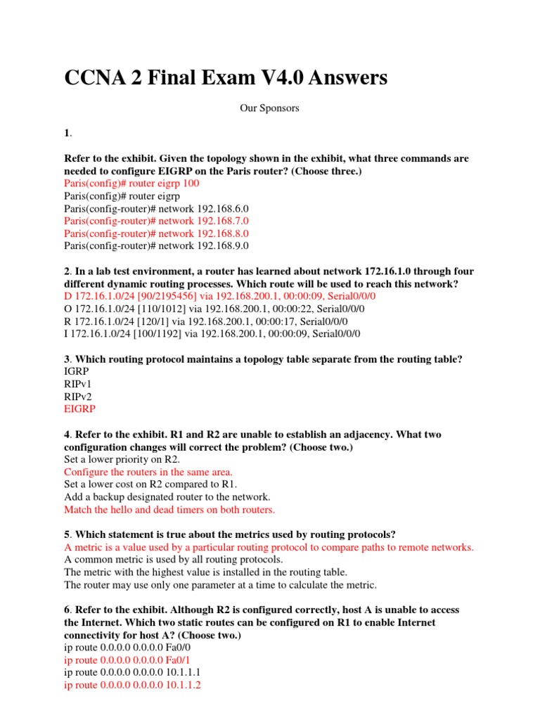 CCNA 2 Final Exam V4.0 Answers | PDF | Routing | Router (Computing)