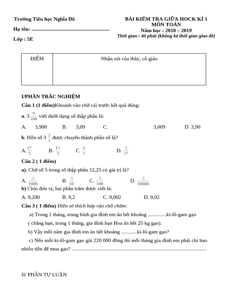 Đề Toán GK1 5E | PDF