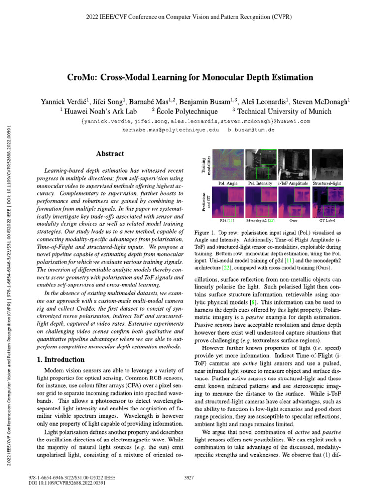 CroMo Cross-Modal Learning For Monocular Depth Estimation | PDF | Polarization (Waves) | Infrared