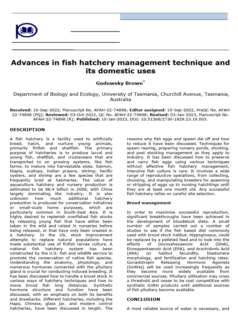 Advances in Fish Hatchery Management Technique and Its Domestic Uses ...