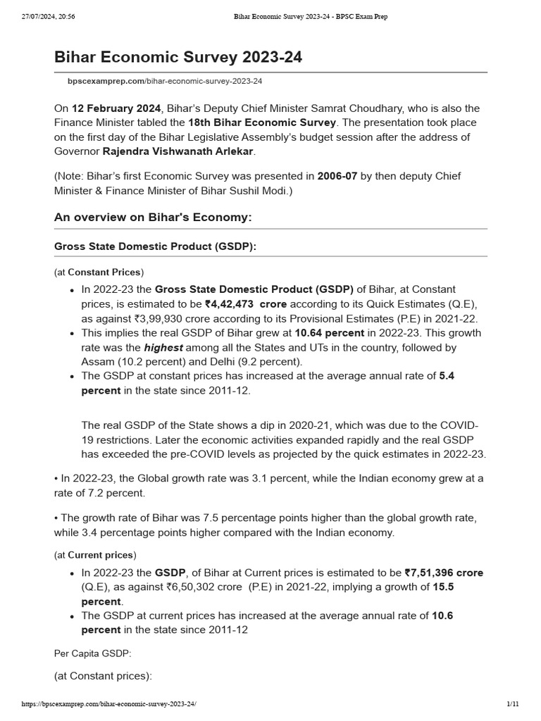 Bihar Economic Survey 2023-24 Overview | PDF | Consumer Price Index ...
