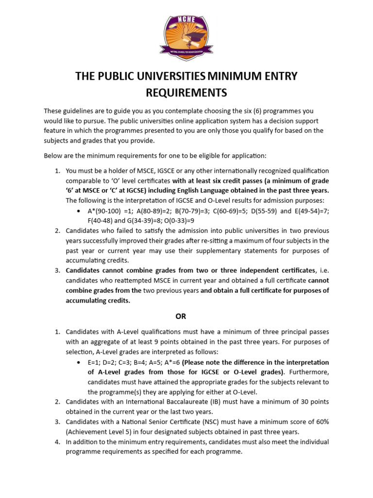 Public Universities Minimum Entry Requirements | PDF | Secondary ...