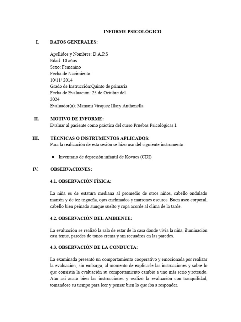 Informe Psicológico - Caso III - CDI | PDF | Las emociones | Depresión (estado de ánimo)