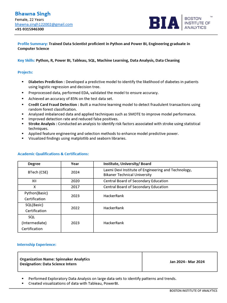 Bhawna BIA Foramate Resume | PDF | Analytics | Machine Learning