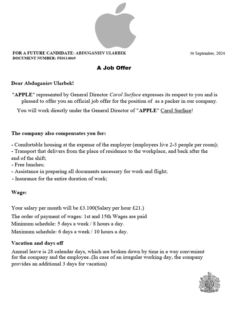 Apple Job Offer | PDF | Career & Growth | Finance & Money Management