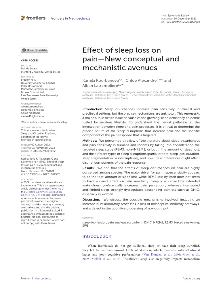 Effect of Sleep Loss On Pain New Conceptual and Mechanistic Avenues ...