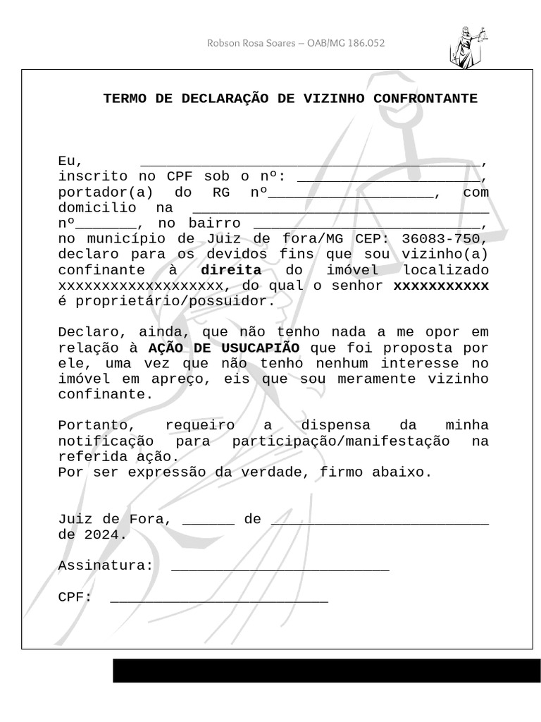 Declaração de Vizinhança para Usucapião | PDF