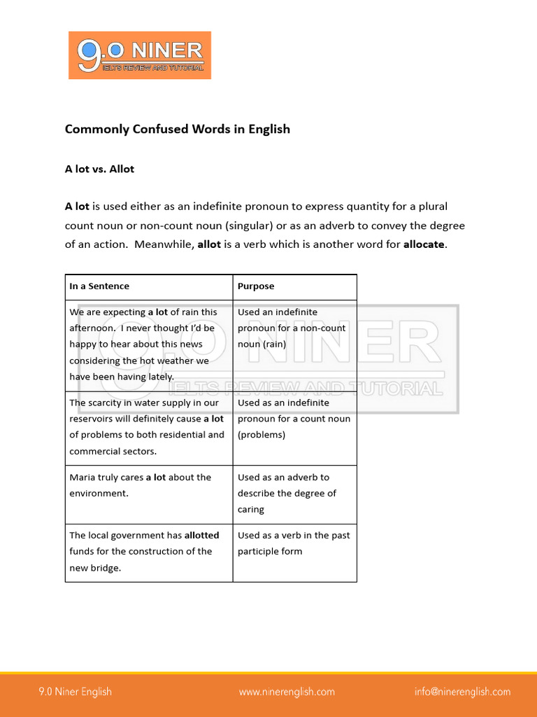 Commonly Confused Words in English: A Lot vs. Allot | PDF | Verb ...