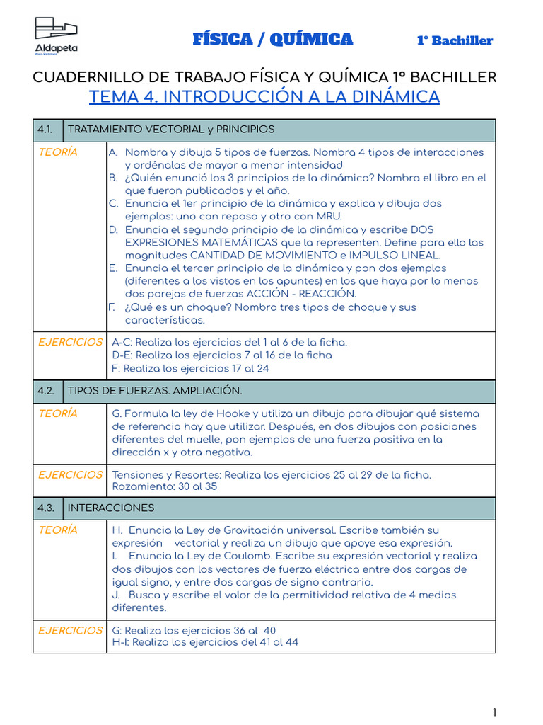 Tema 4 - Cuadernillo de Trabajo Fís-Quím 1º Bach. | PDF | Fuerza | Fricción