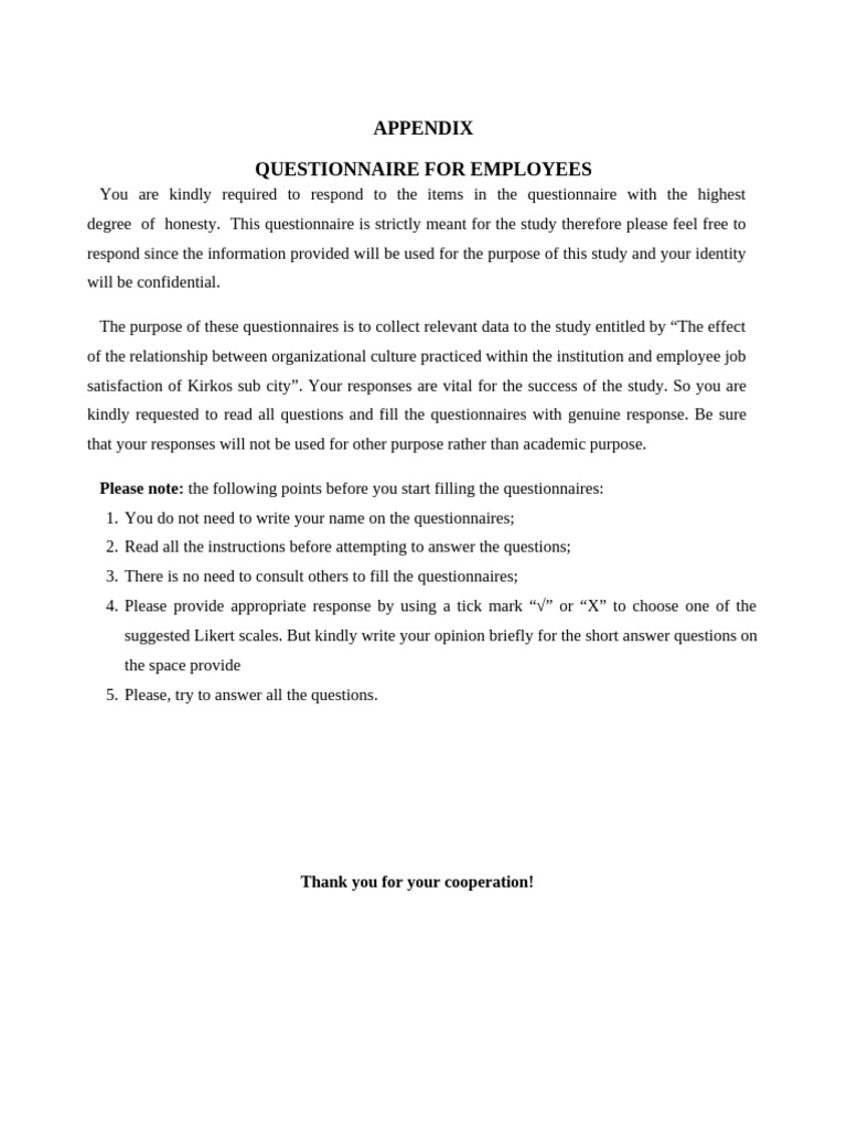 APPENDIX and Questionnaire For Employes. Selam | PDF | Job Satisfaction ...
