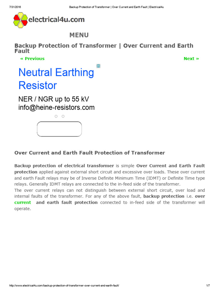 Backup Protection of Transformer - Over Current and Earth Fault - Electrical4u | PDF | Relay ...
