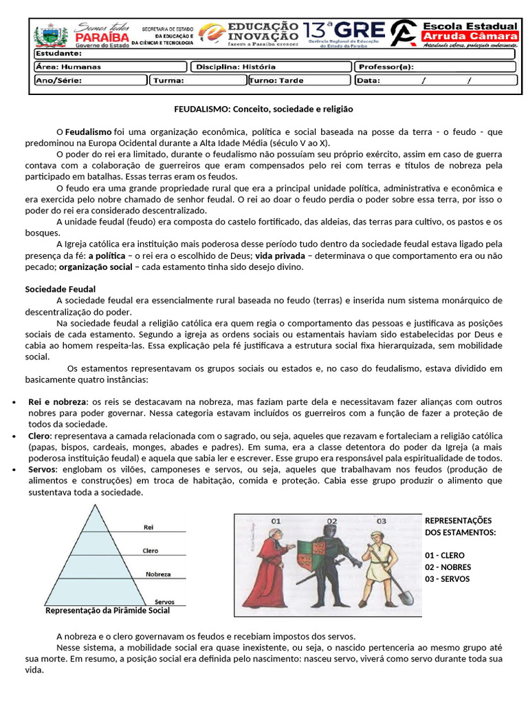 FEUDALISMO Texto e Atividade | PDF | Feudalismo | Servidão