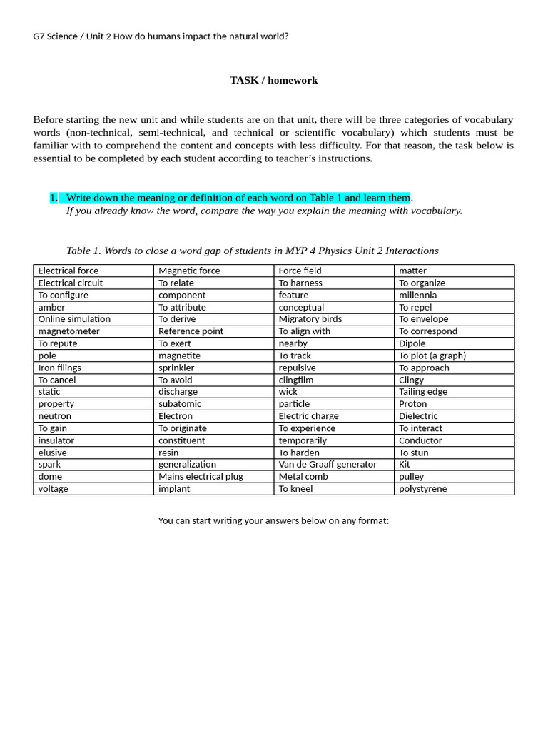 G7 Unit3.1 Science Word Bank | PDF | Force | Electricity
