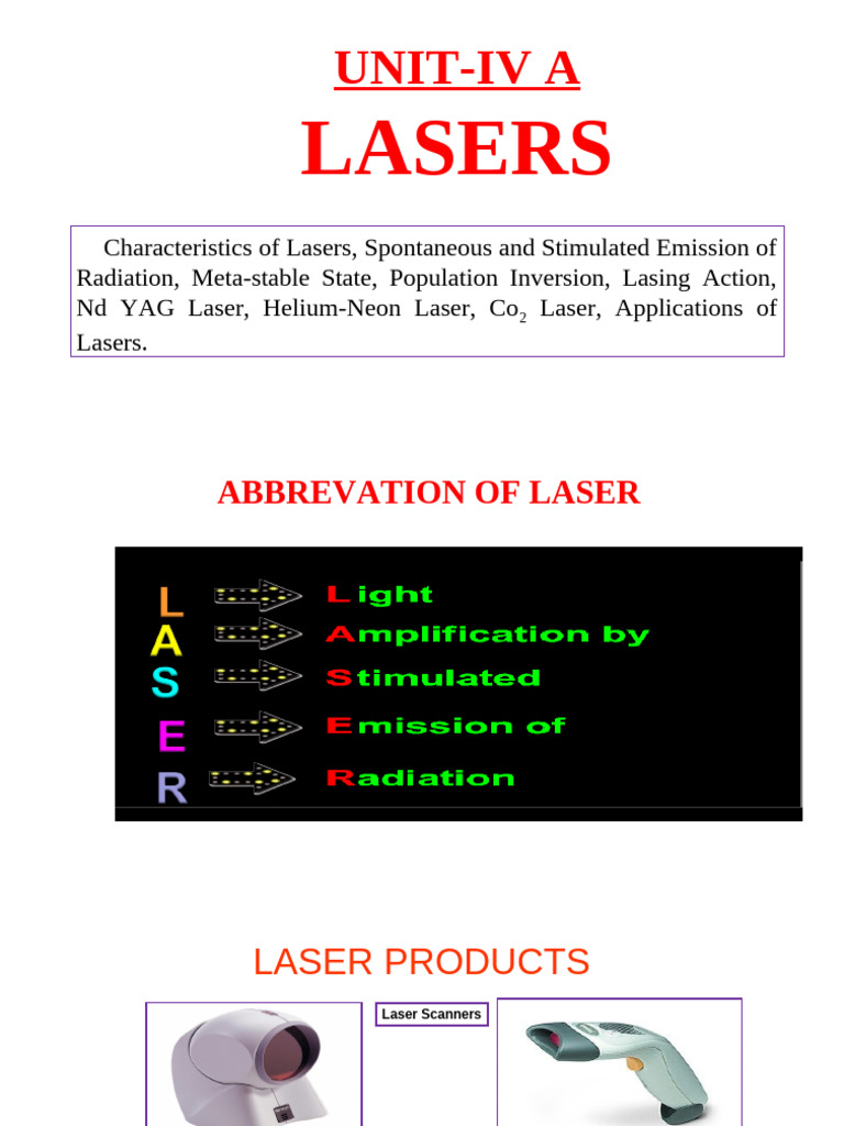 Unit-IV LASERS VIDEO LEC | PDF | Laser | Emission Spectrum