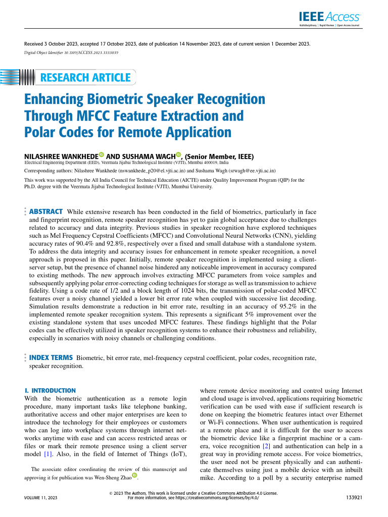 Enhancing Biometric Speaker Recognition Through Mfcc Feature Extraction And Polar Codes For
