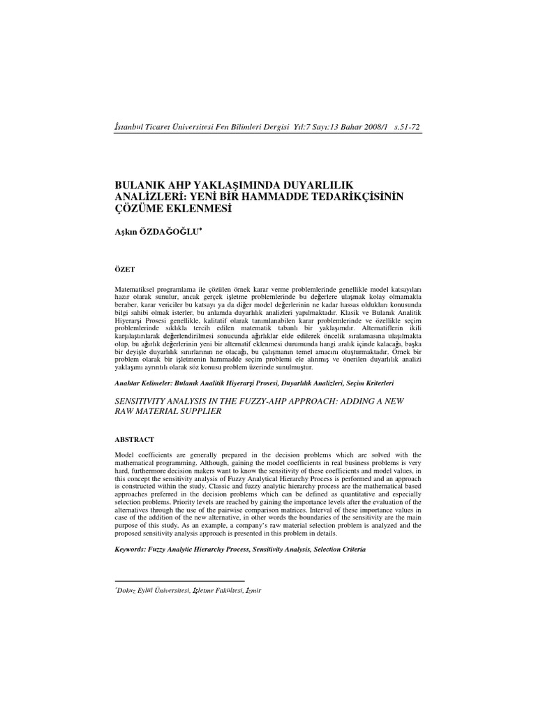 Bulan - K AHP Yakla - M - Nda Duyarl - L - K Analizleri - Yeni Bir Hammadde Tedarik - Isinin - Z ...