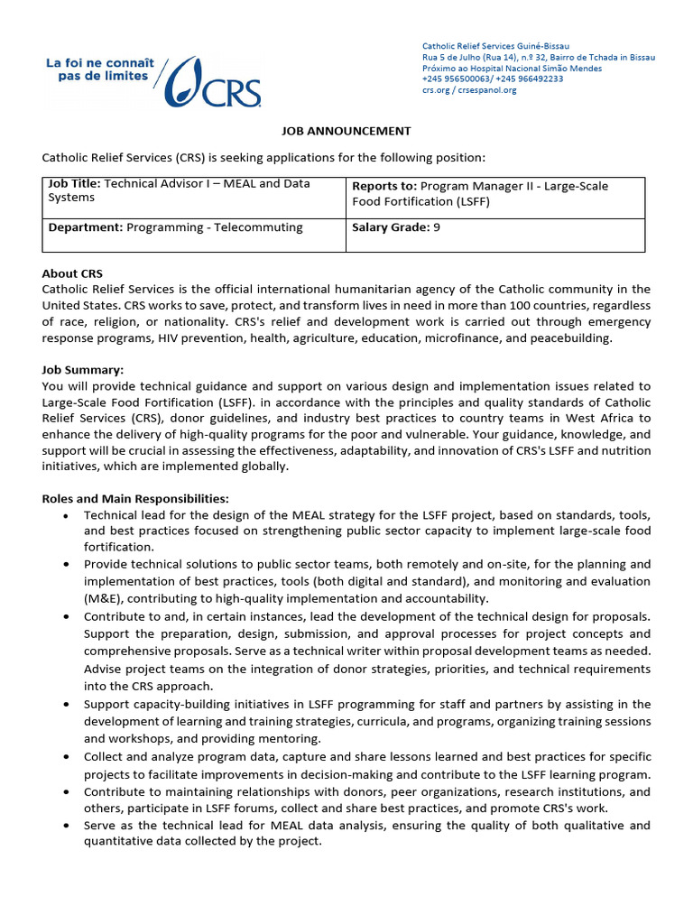 Job Announcement - LSFF - MEAL Technical Advisor | PDF | Evaluation | Mentorship