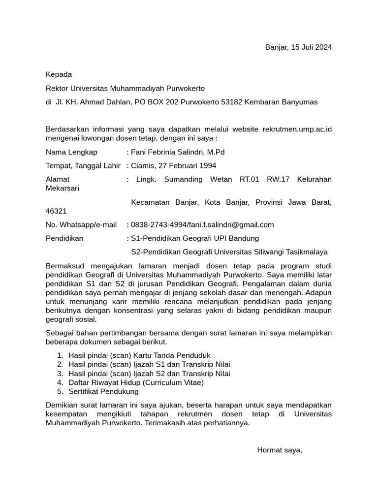 Surat Lamaran Dosen UMP | PDF