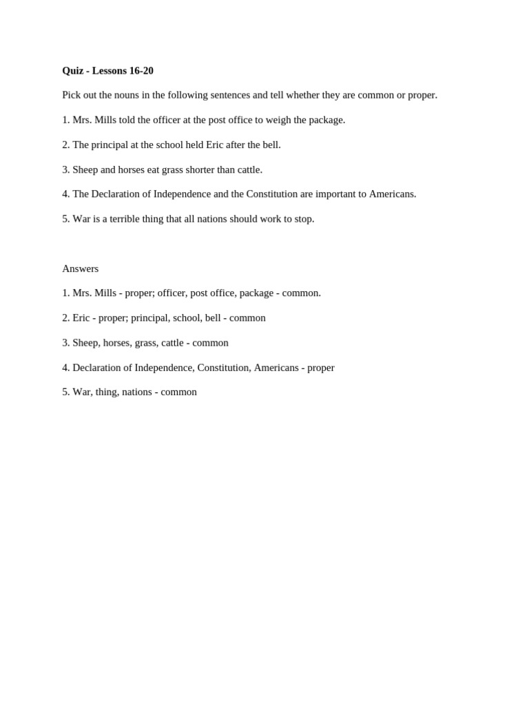 Noun Identification Quiz: Lessons 16-20 | PDF