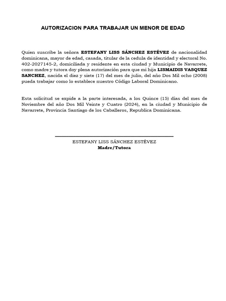 Autorización Laboral para Menor | PDF