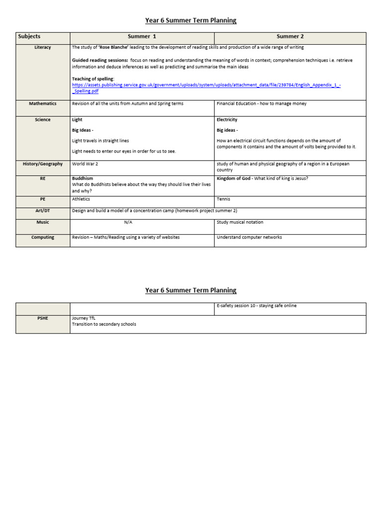 Year 6 Summer Term Curriculum | PDF | Cognition