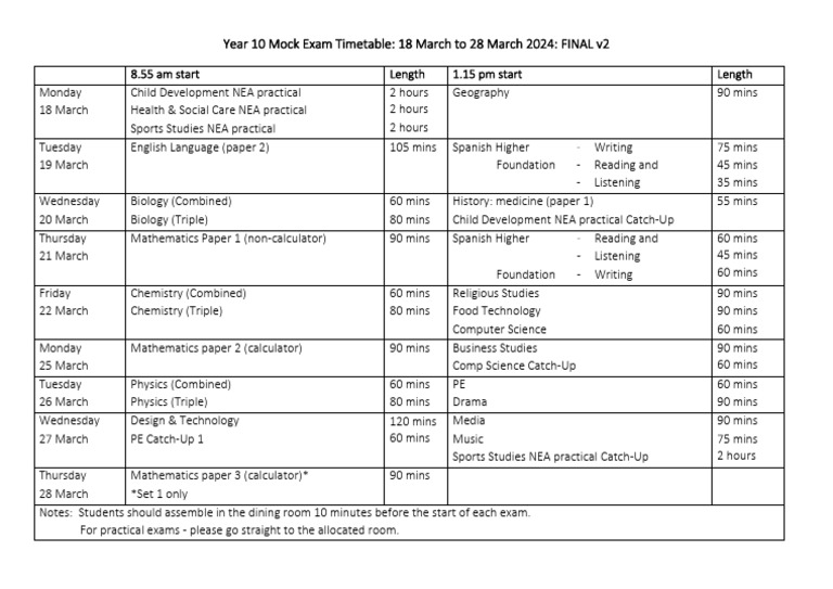 Yr10 Mock Timetable | PDF